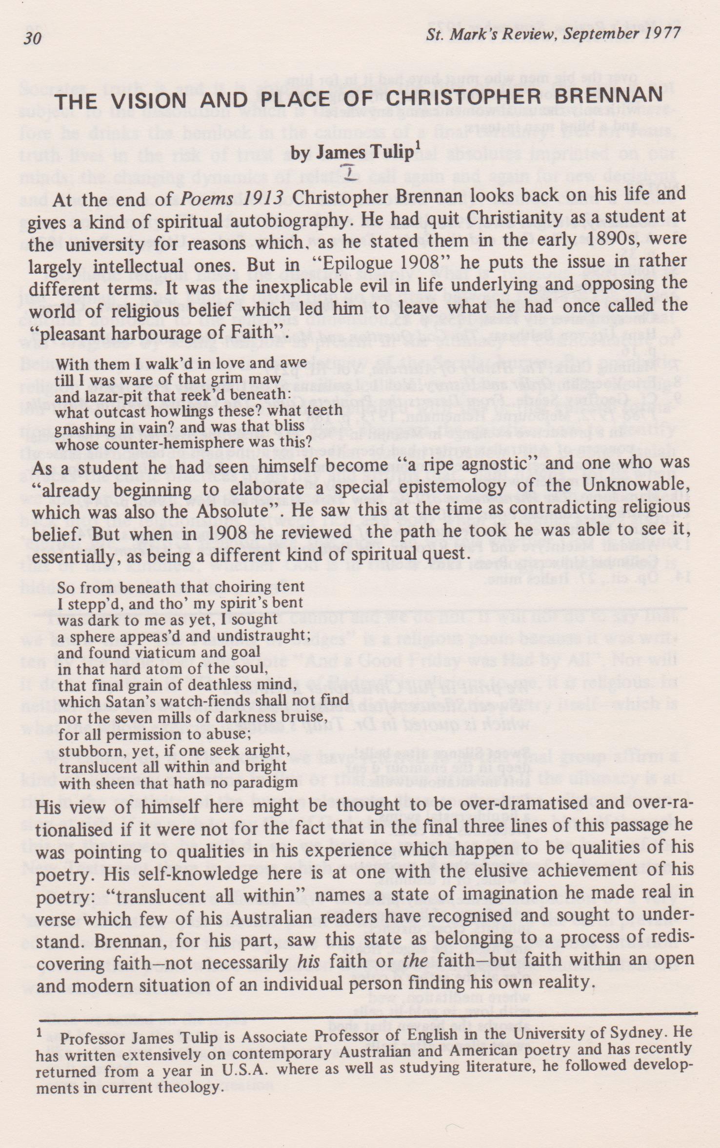 The Vision and Place of Christopher Brennan – James Tulip- Writings