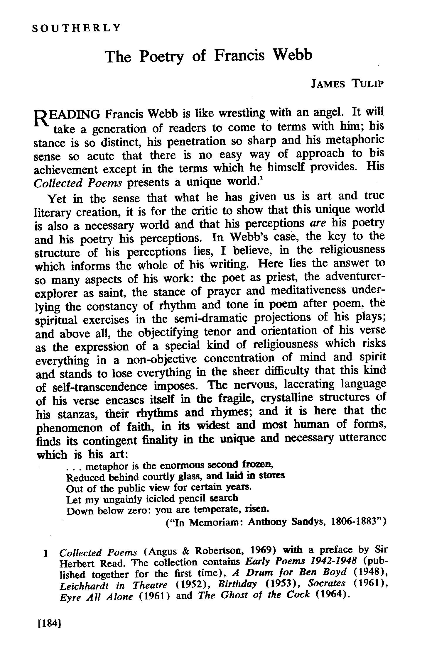 The Poetry of Francis Webb – James Tulip- Writings